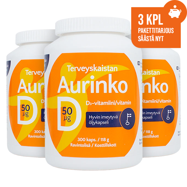 Aurinko D-vitamiini 50 µg (300 kaps.) 3 kpl PAKETTITARJOUS!