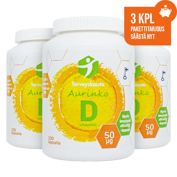 Aurinko D-vitamiini 50 µg | Extra Virgin oliiviöljykapselit 3 kpl